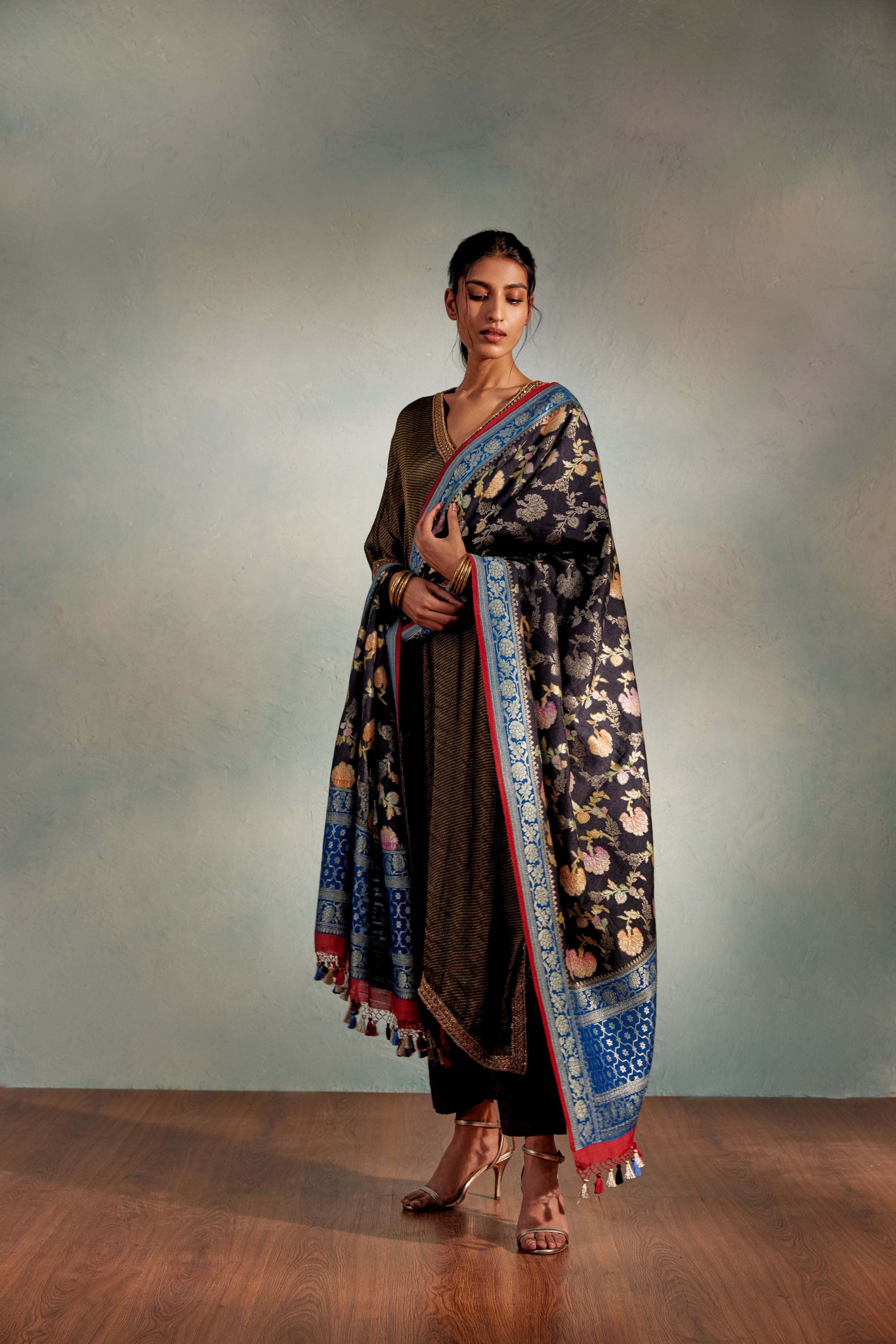 Black Handpainted Pure Georgette Benarasi Dupatta – Roliana